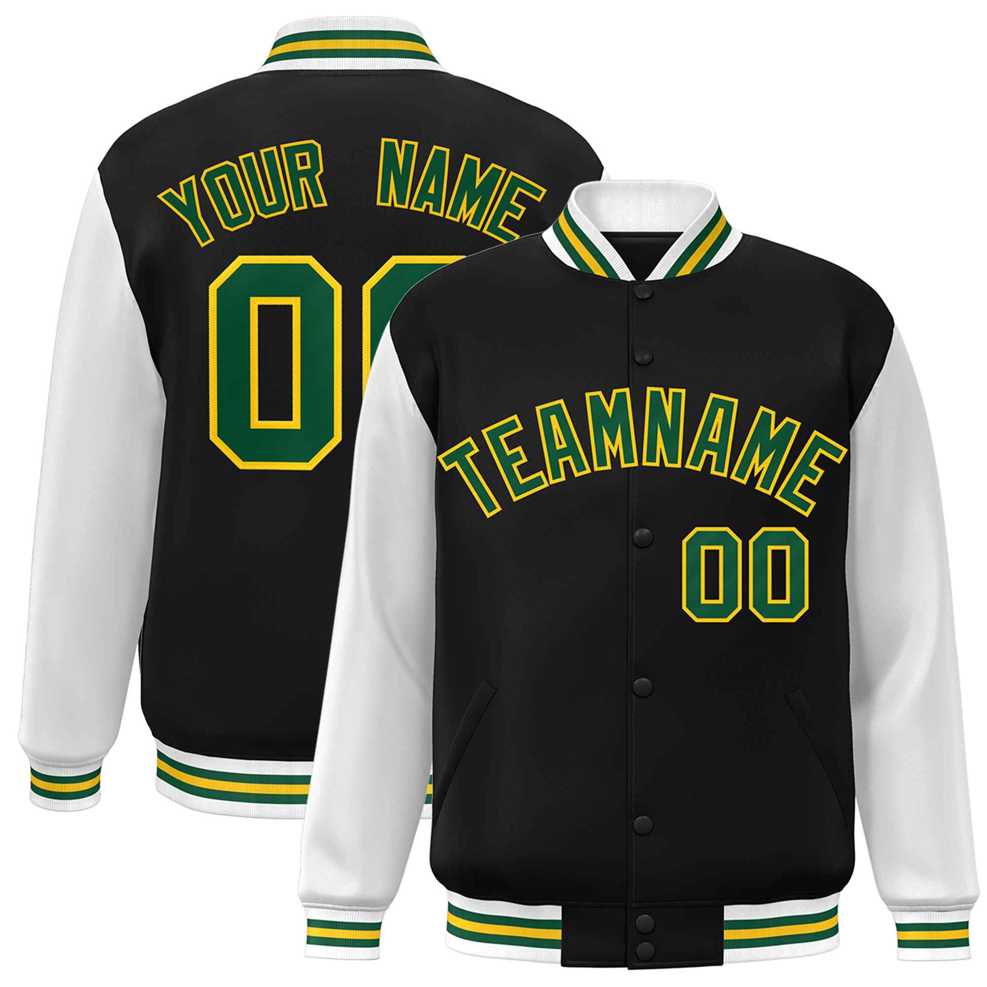 Custom Black Green Gold Raglan Sleeves Varsity Full Snap Letterman Jac
