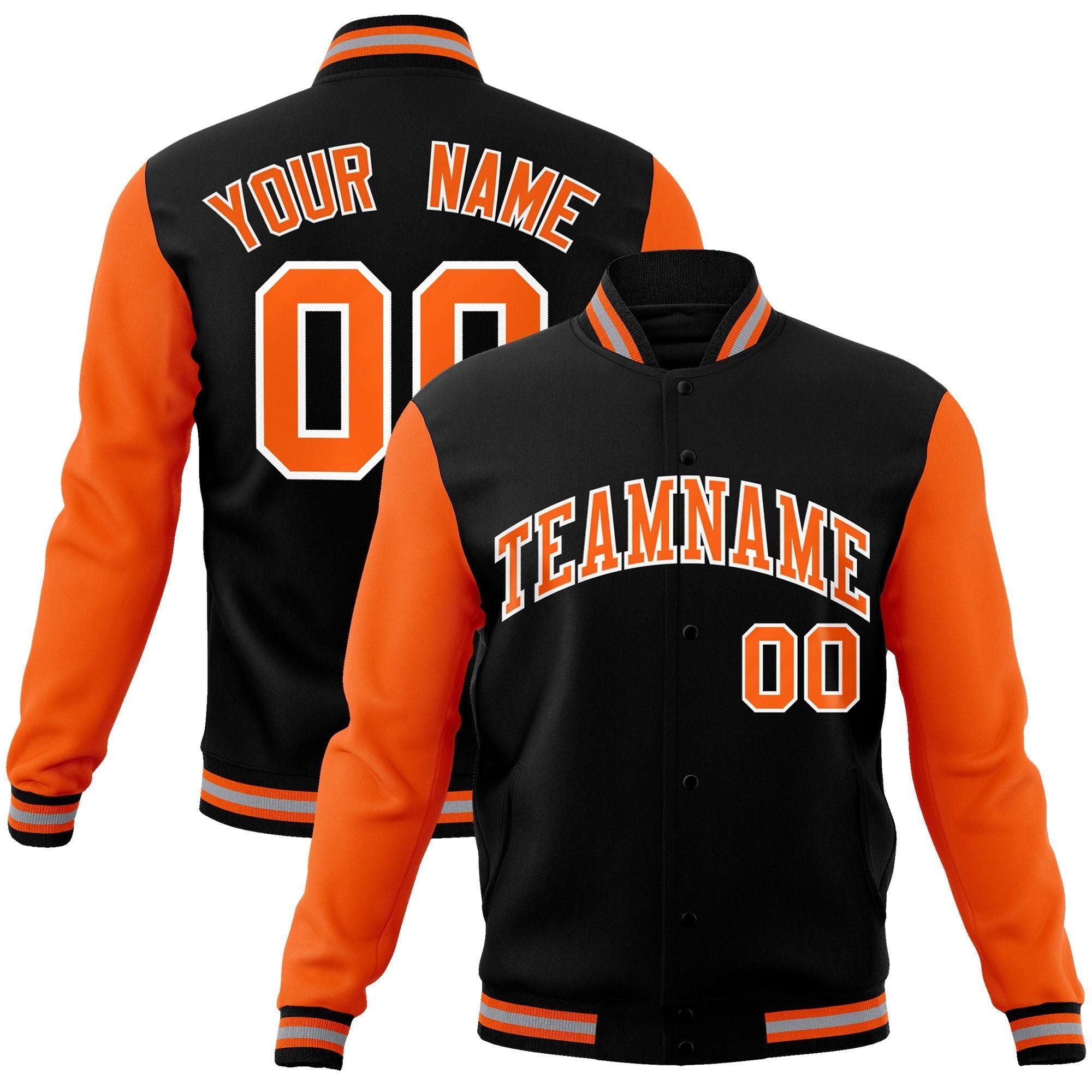 Custom Black Orange White Raglan Sleeves Varsity Full Snap Letterman J