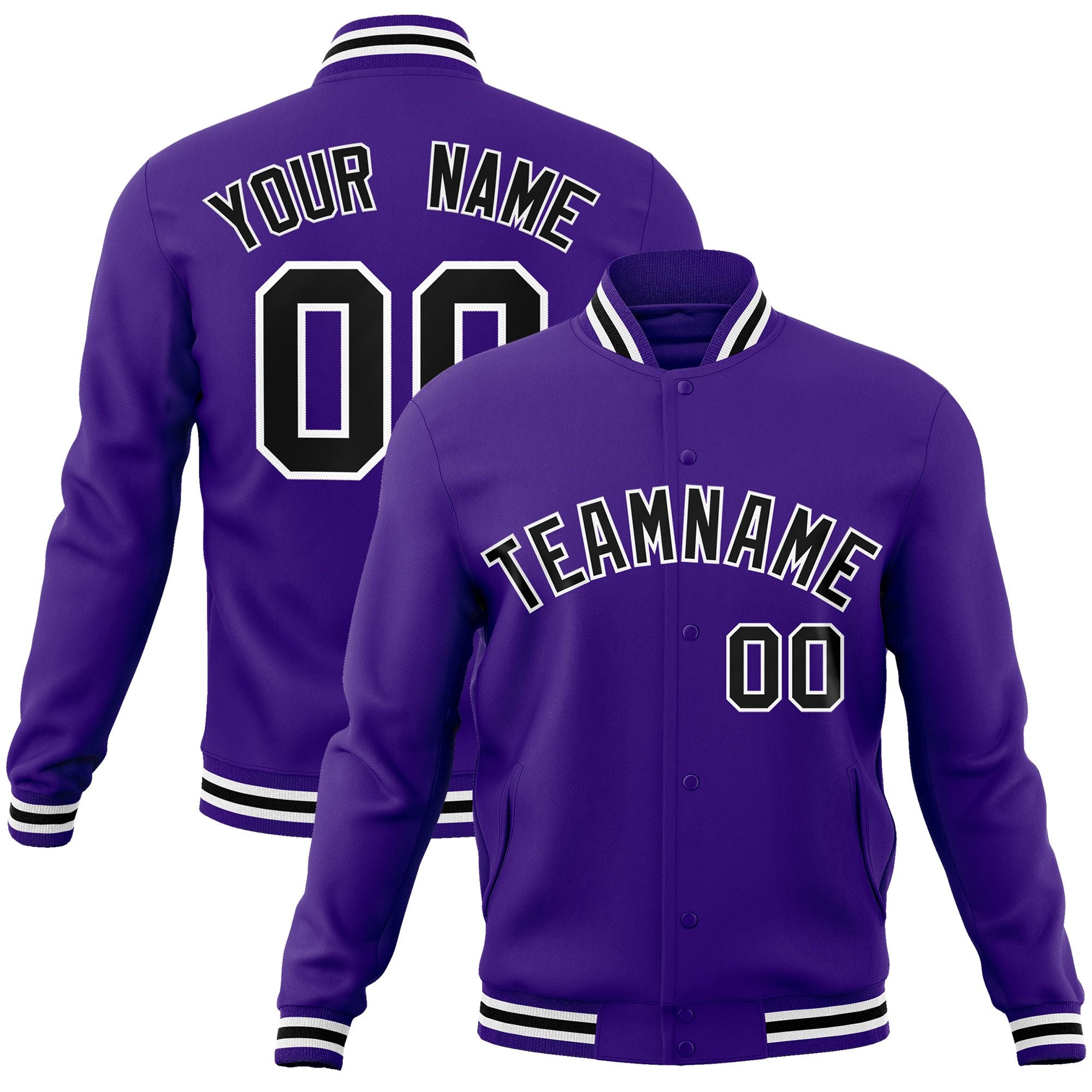 Custom Purple Black White Classic Style Varsity Full Snap Letterman Ja