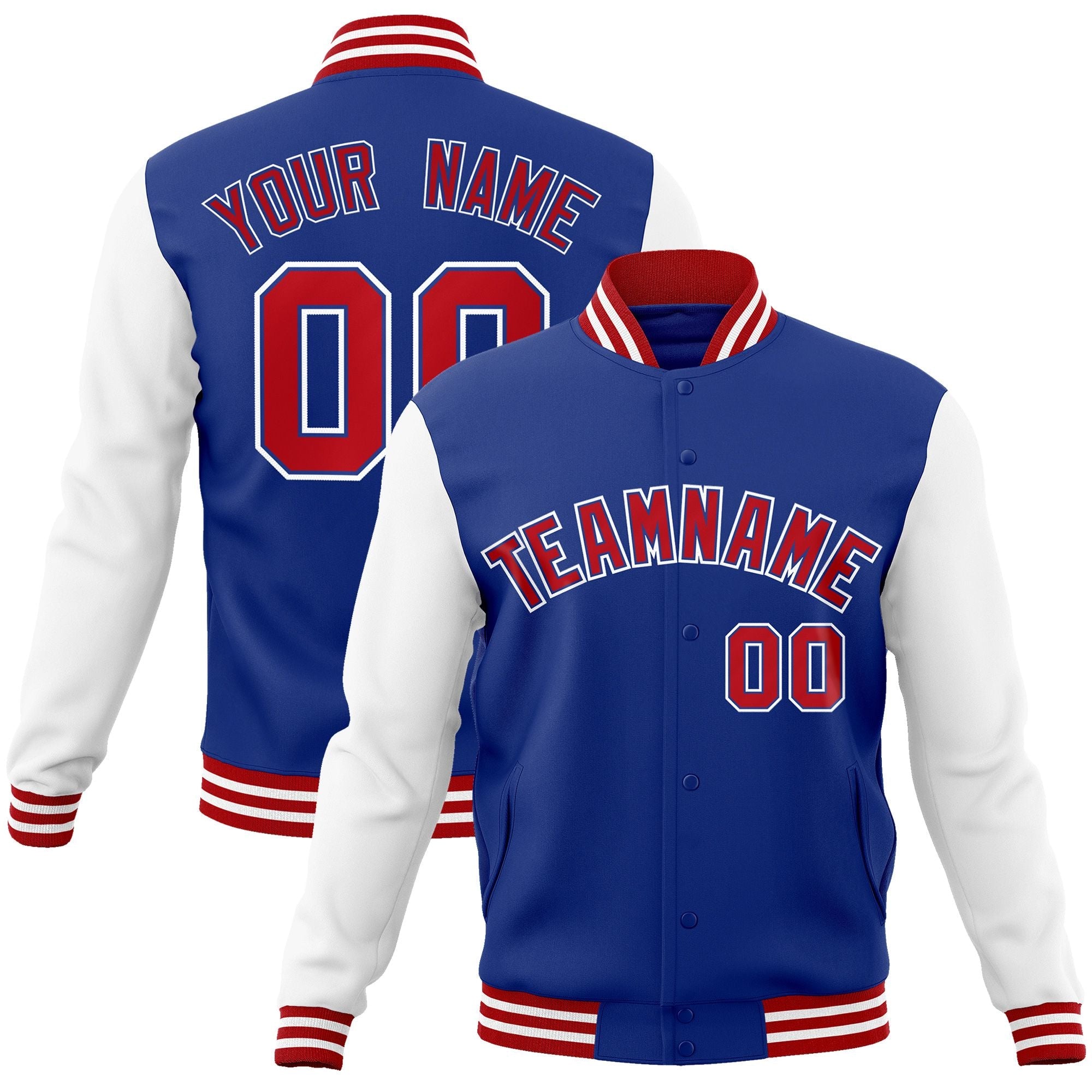 Custom Royal Red Royal Raglan Sleeves Varsity Full Snap Letterman Jack