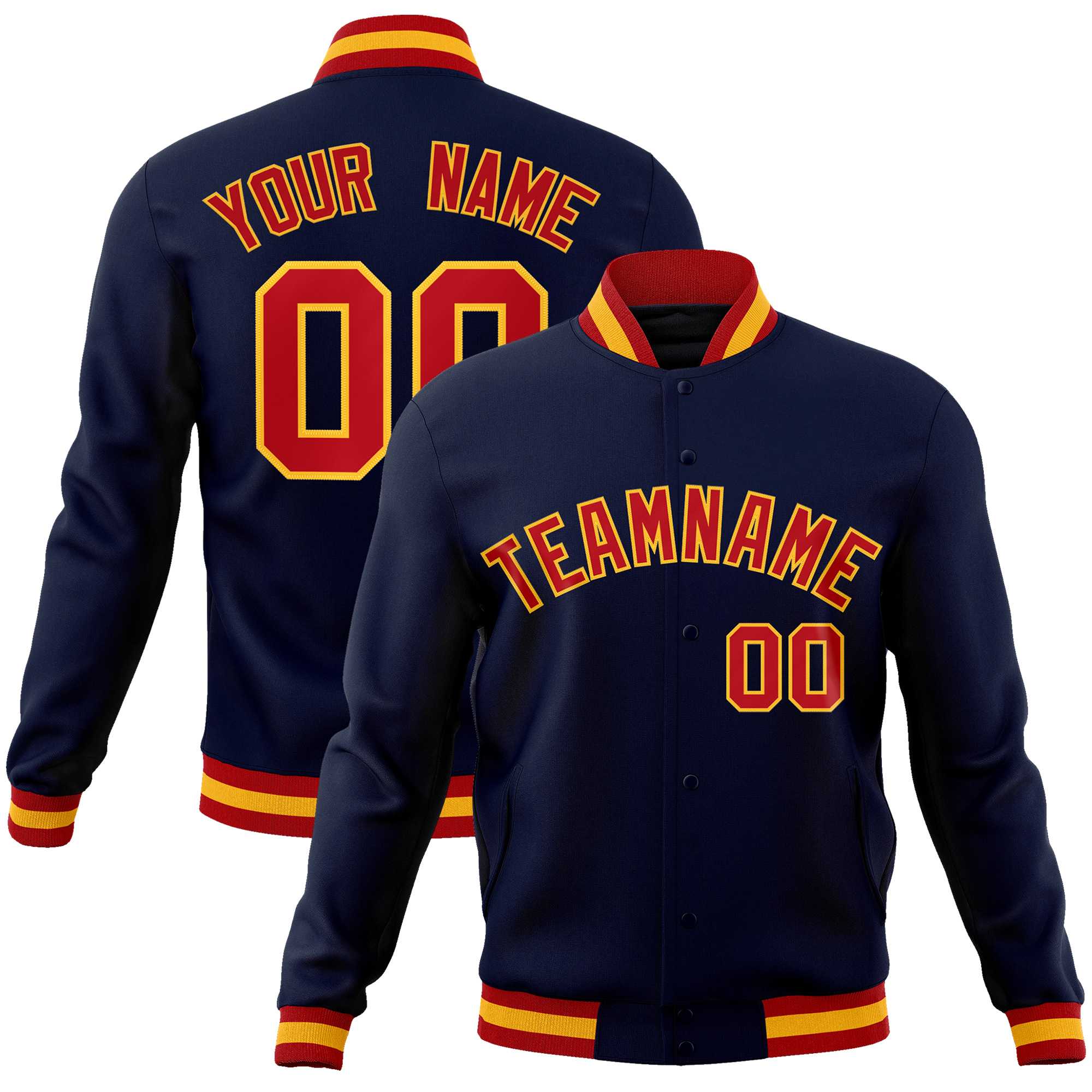 Custom Navy Red Gold Classic Style Varsity Full Snap Letterman Jacket