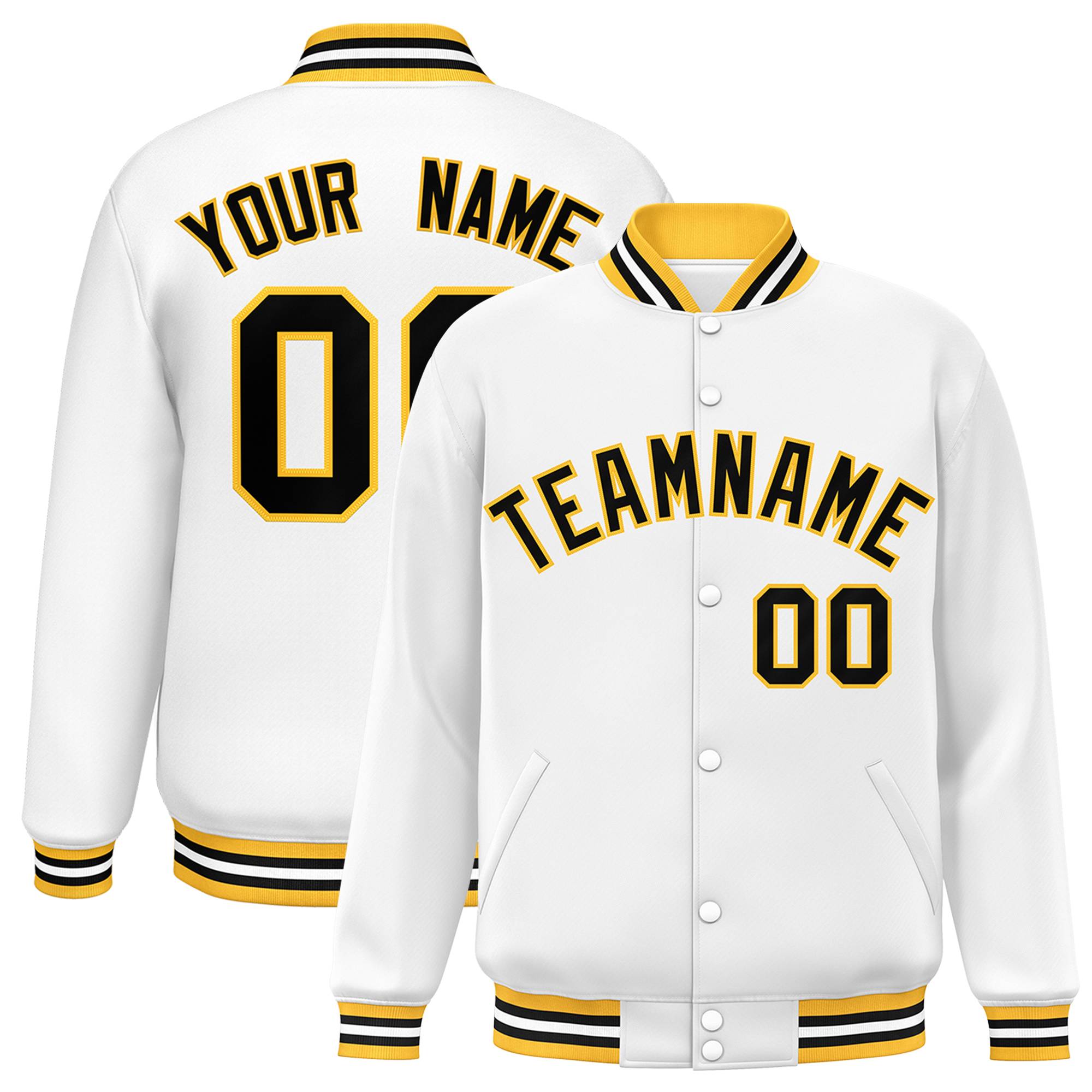 Custom White Black Gold Classic Style Varsity Full Snap Letterman Jack