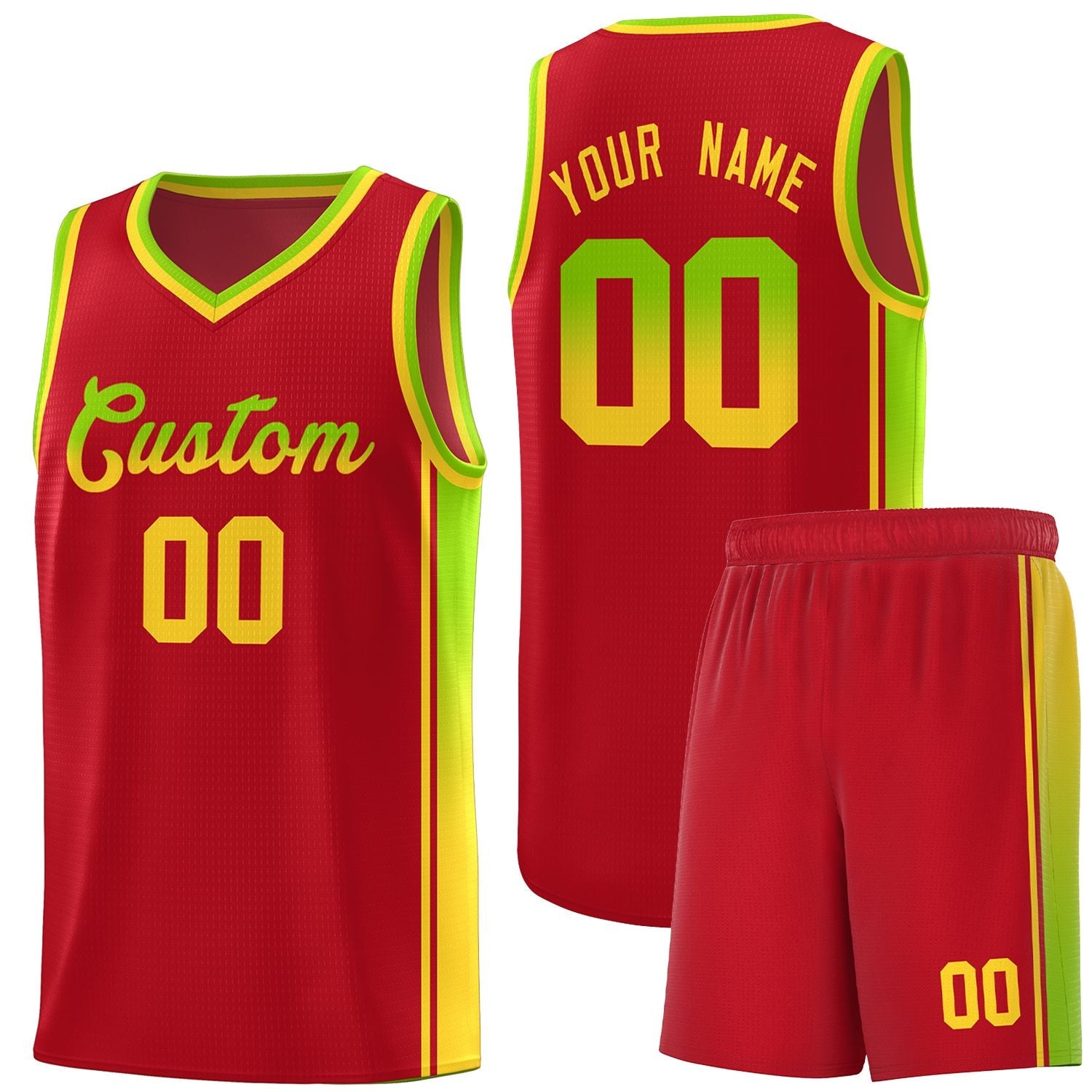 Custom Red Neon Green-Gold Gradient Fashion Sports Uniform Basketball ...