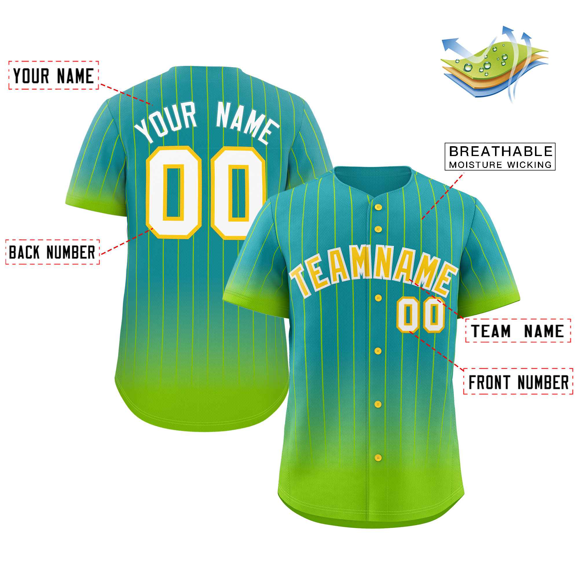 Custom Aqua Neon Green-Gold Gradient Stripe Fashion Authentic Baseball ...