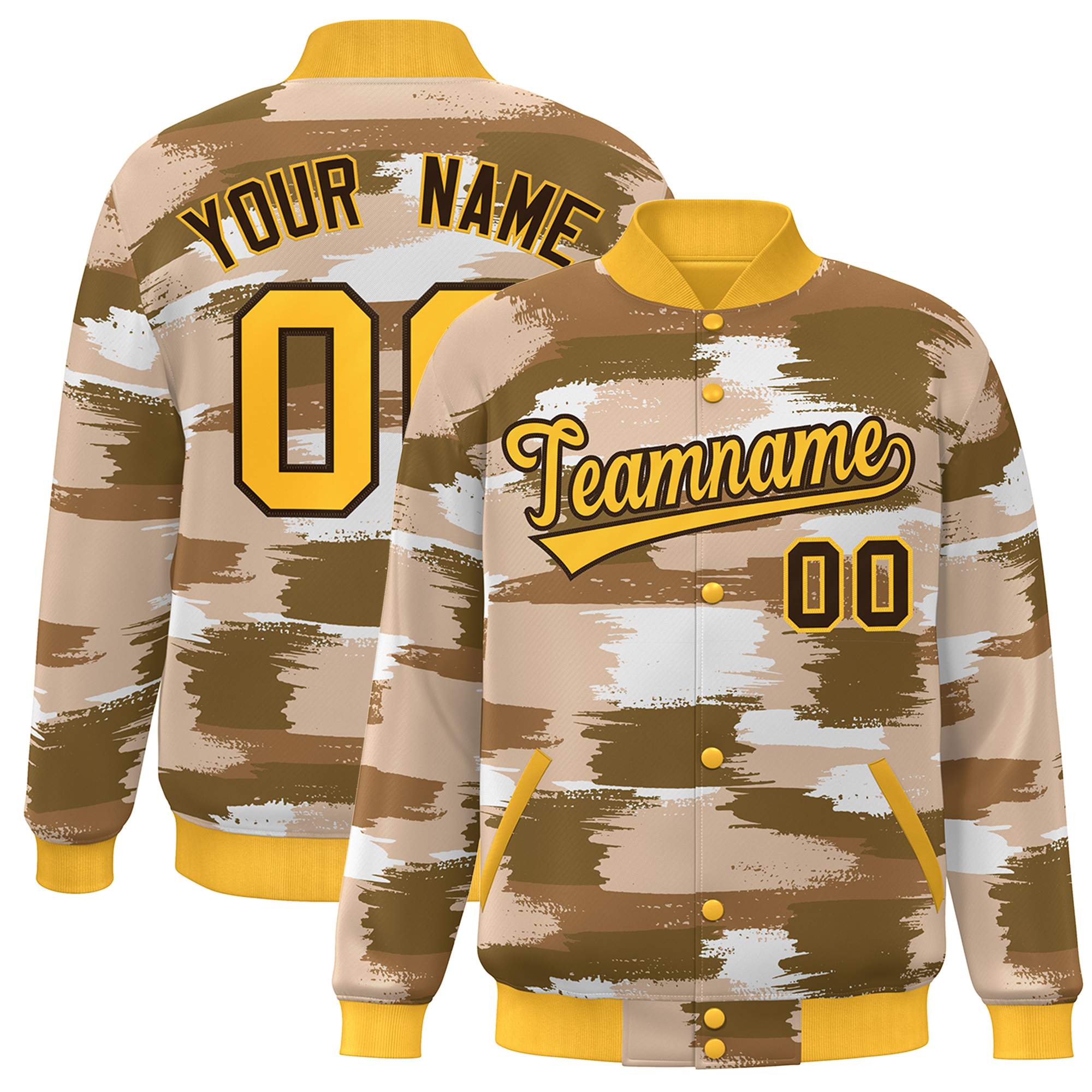 Custom Yellow Brown Camo Varsity Bomber Jacket