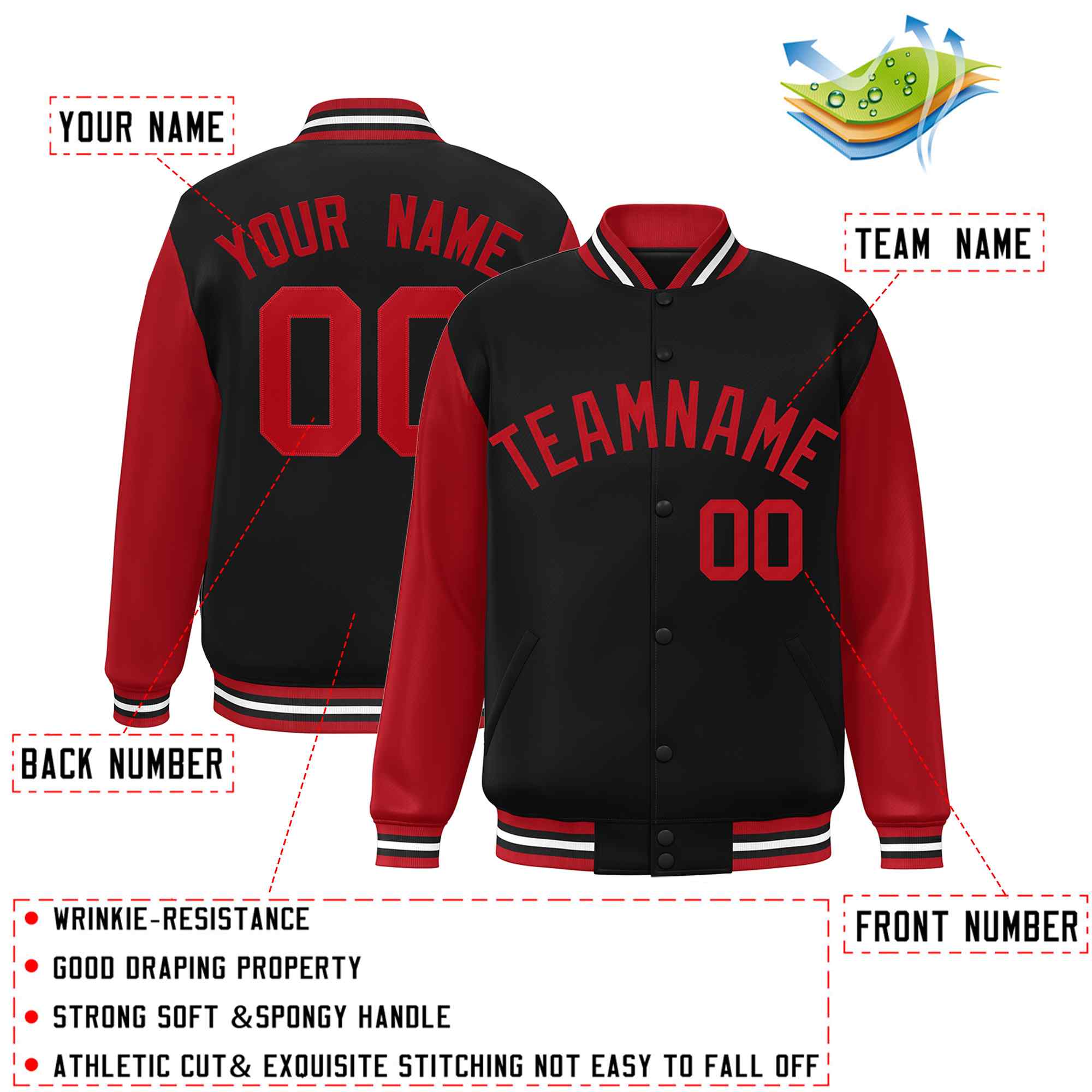 Custom Black Red Raglan Sleeves Varsity Full Snap Letterman Jacket