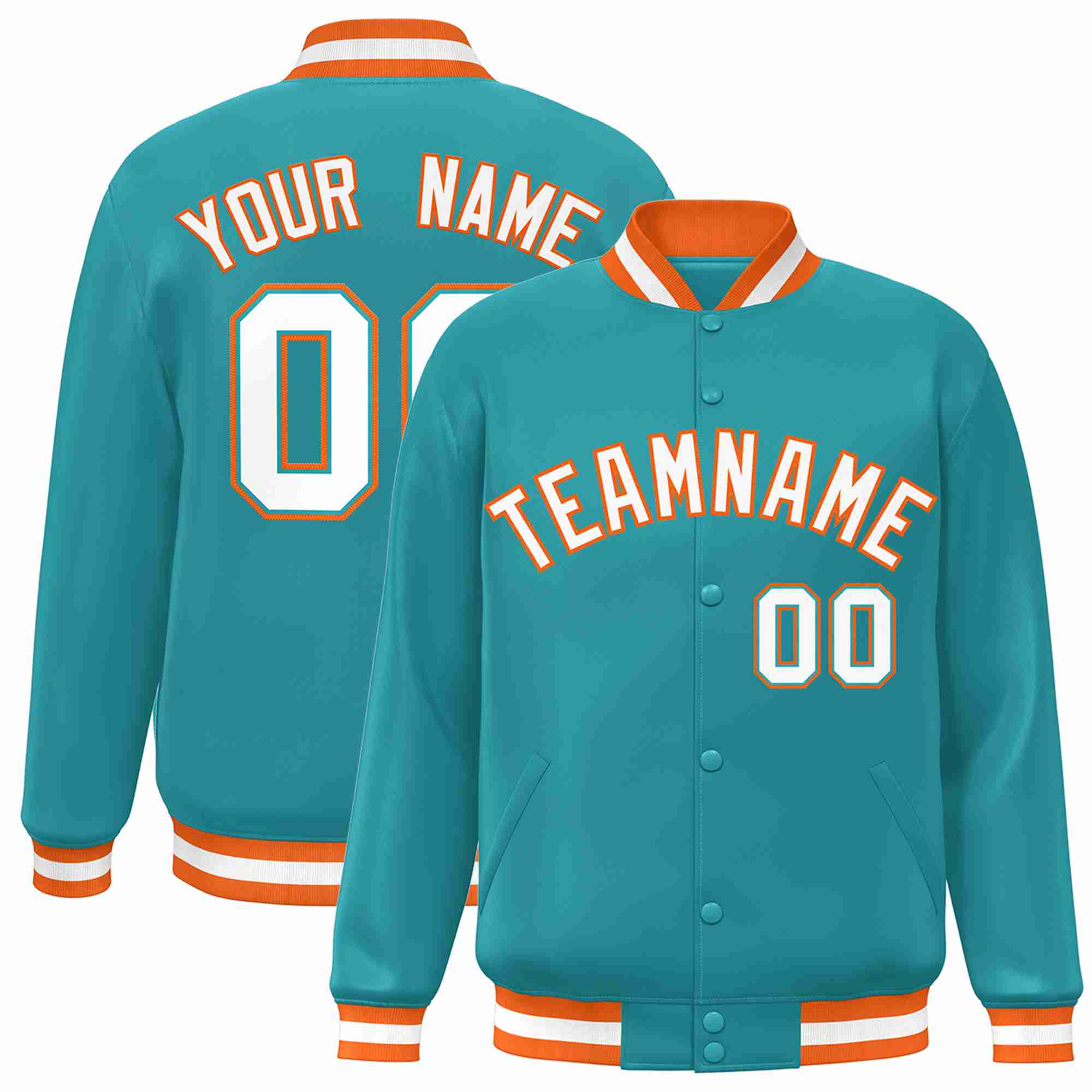 Custom Aqua White-Orange Classic Style Varsity Full-Snap Letterman Jac ...