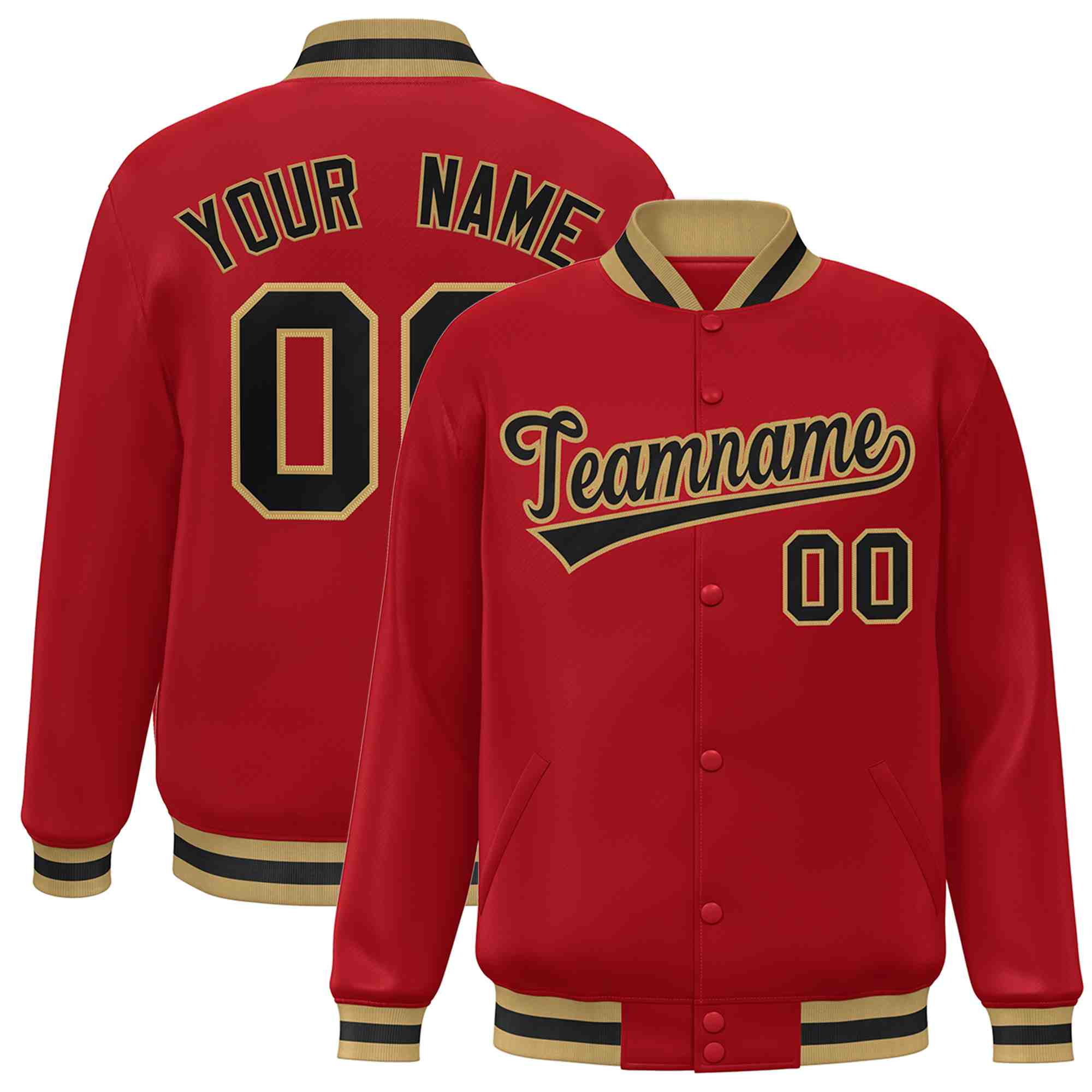 Custom Red Black-Old Gold Classic Style Varsity Full-Snap Letterman Ja ...