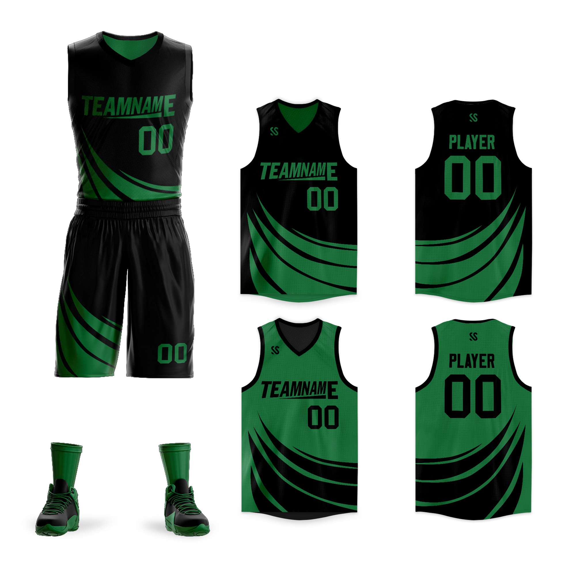 Custom Black Green Double Side Sets Design Sportswear Basketball Jerse ...