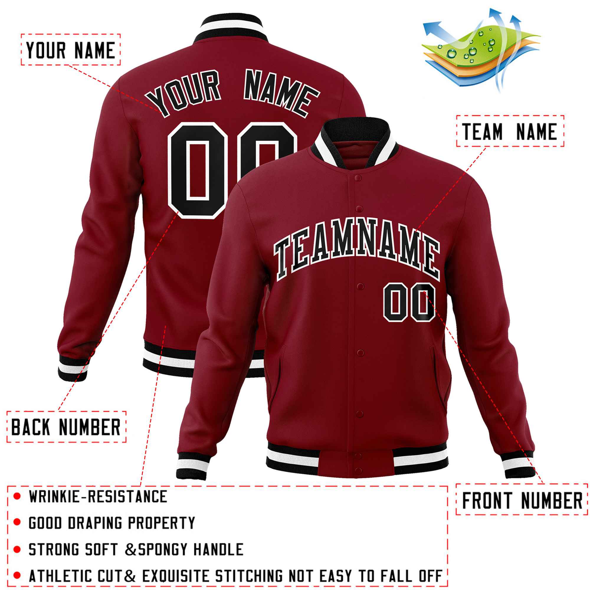 Custom Crimson Black White Classic Style Varsity Full Snap Letterman J