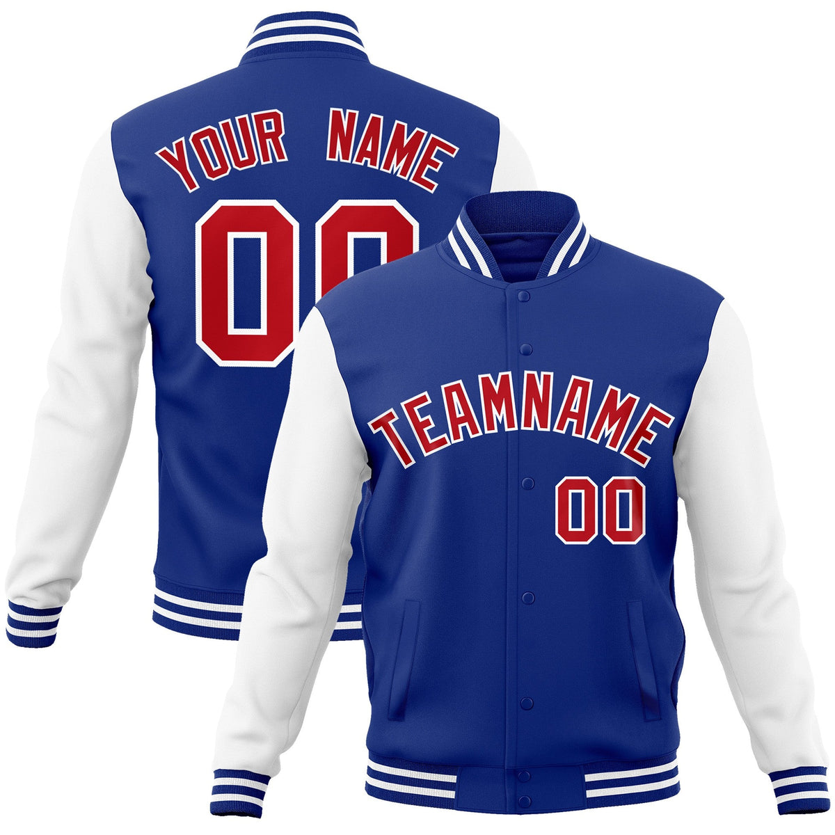 Custom Royal Red White Raglan Sleeves Varsity Full Snap Letterman Jack