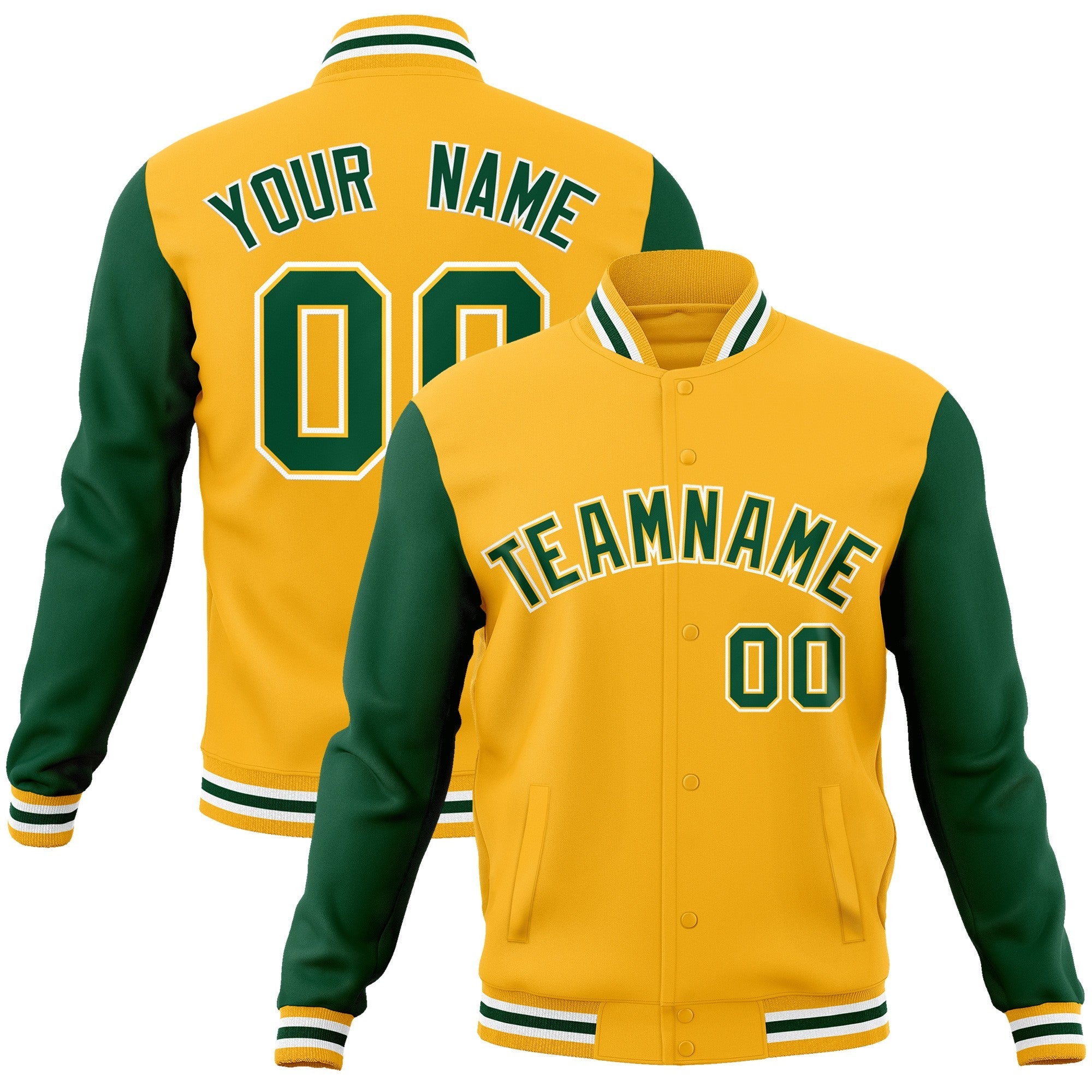 Custom Gold Green Gold Raglan Sleeves Varsity Full Snap Letterman Jack