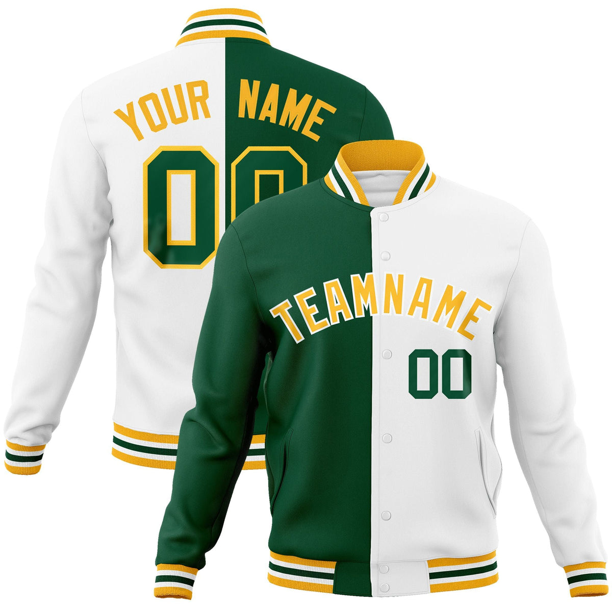 Custom Green White Gold Varsity Full Snap Letterman Two Tone Split Fas