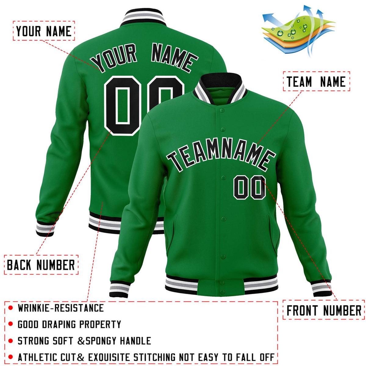 Custom Green Black White Classic Style Varsity Full Snap Letterman Jac