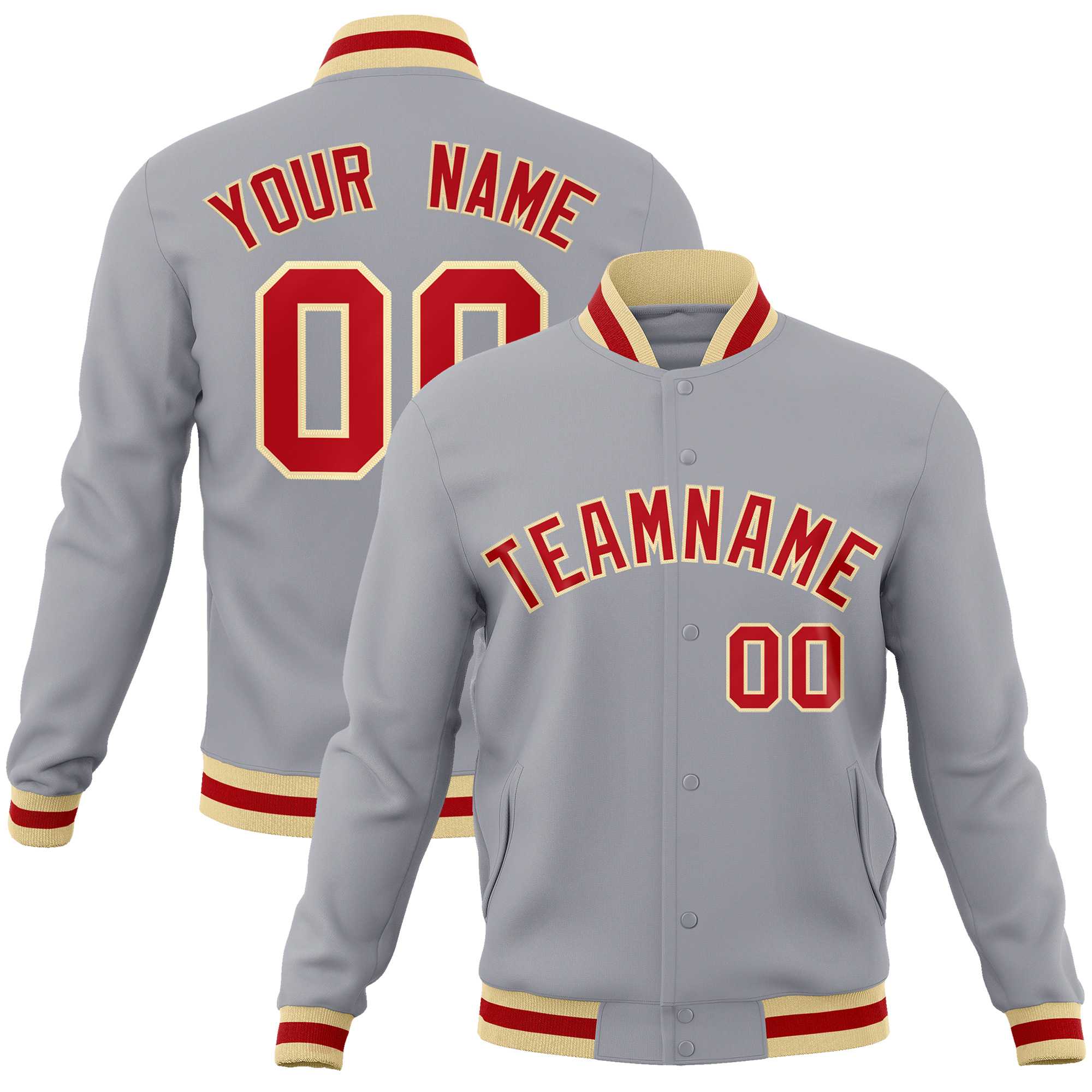 Custom Gray Red-Khaki Classic Style Varsity Full-Snap Letterman Jacket ...