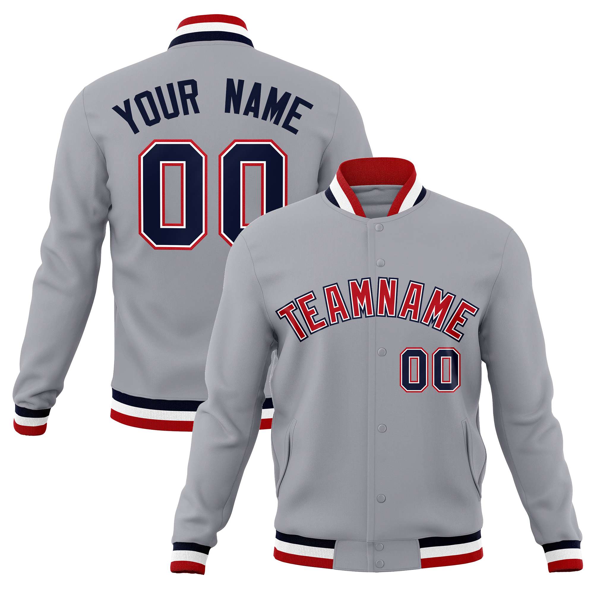 Custom Gray Red-Navy Classic Style Varsity Full-Snap Letterman Jacket ...