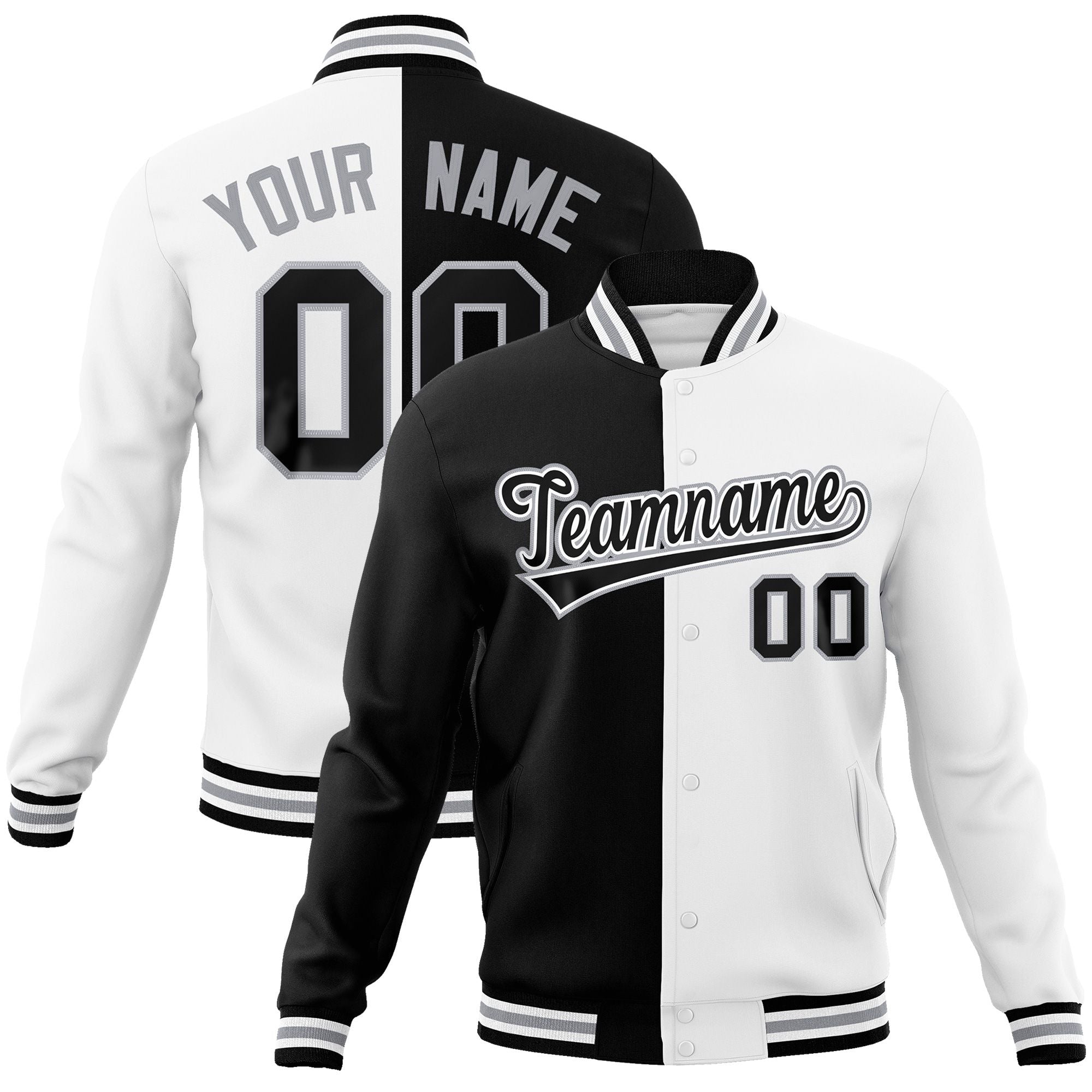 Custom Black White Black Varsity Full Snap Letterman Two Tone Split Fa