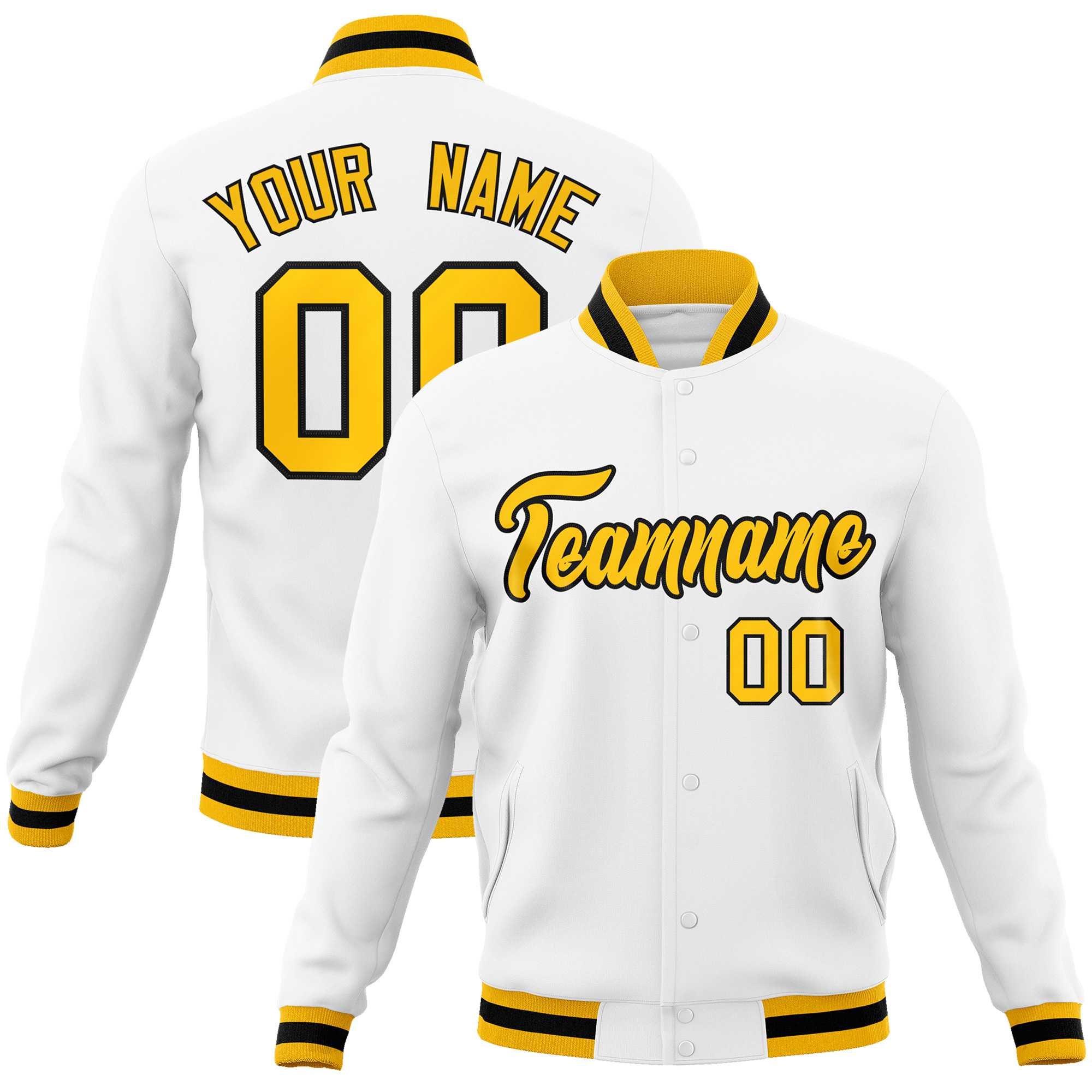 Custom White Gold Black Classic Style Varsity Full Snap Letterman Jack
