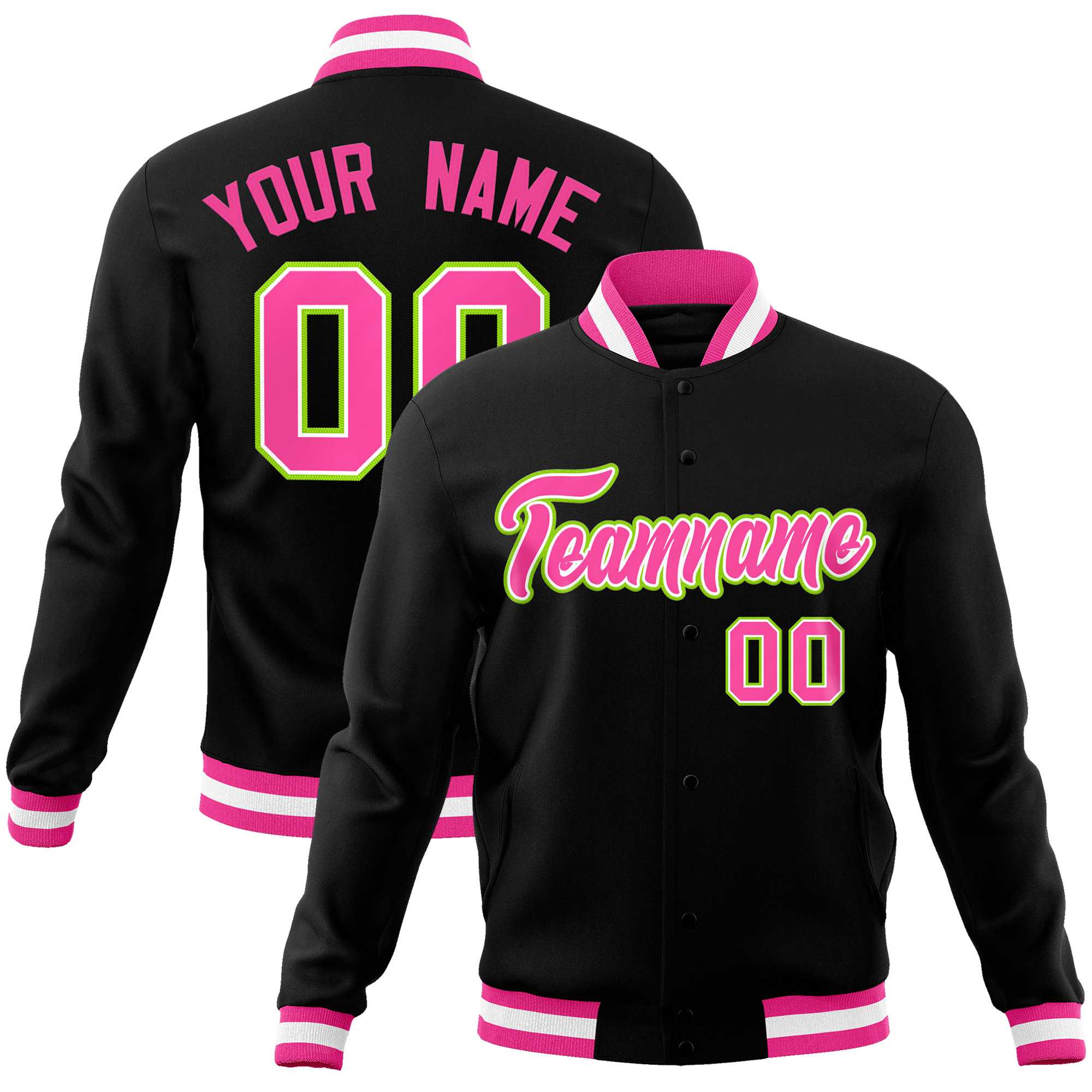 Custom Black Pink-Neon Green Classic Style Varsity Letterman Jacket